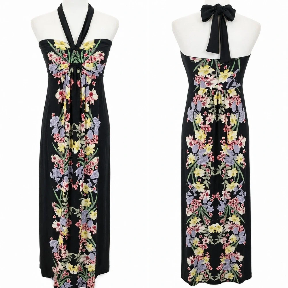 Soma | Dresses | Soma Maxi Dress Womens M Black Floral Halter Resort ...